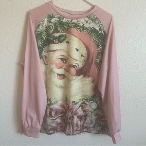 Tops | Nwt Plus Size Pink Santa Claus Christmas Round Neck Long Sleeve ...